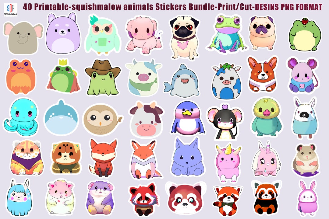 40 Cute Animal Stickers Printable PNG, Printable Squish Animals ...