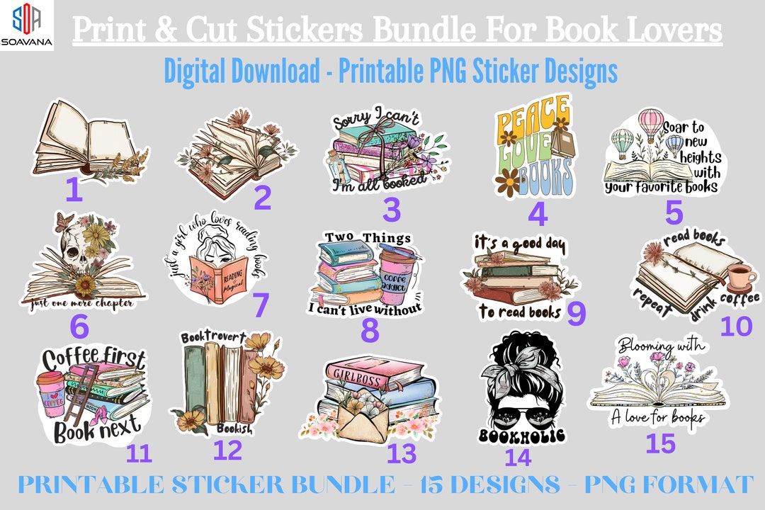 15 Printable Book Lover Stickers Stickers, Bookworm Digital Stickers ...
