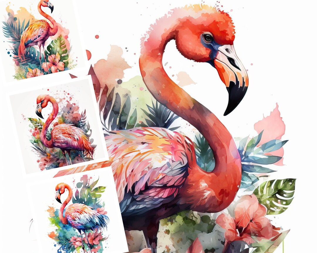 Watercolor Flamingos Digital Illustration Bundle, Printable Wall Art ...