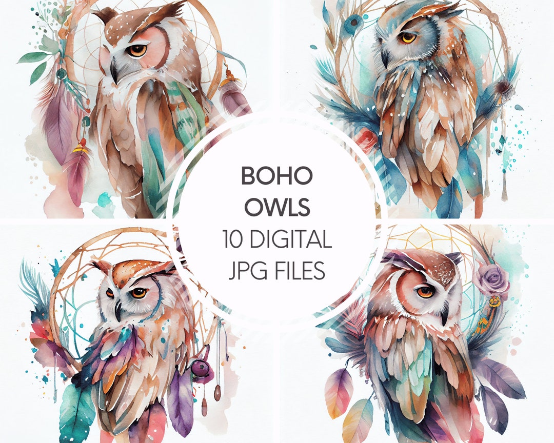 Watercolor Boho Owls Set of 10 JPG Files, Digital Illustrations ...