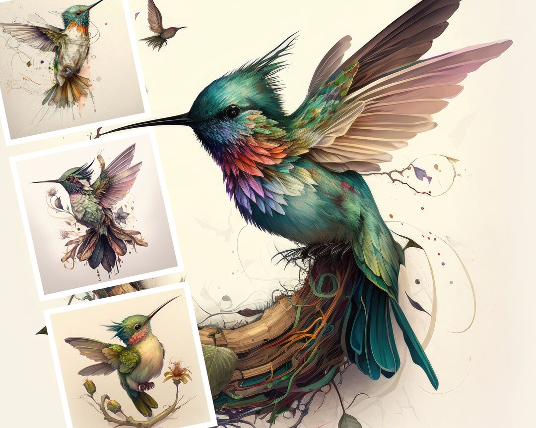 Elegant Hummingbird Digital Illustration Bundle, Botanical Hummingbird ...