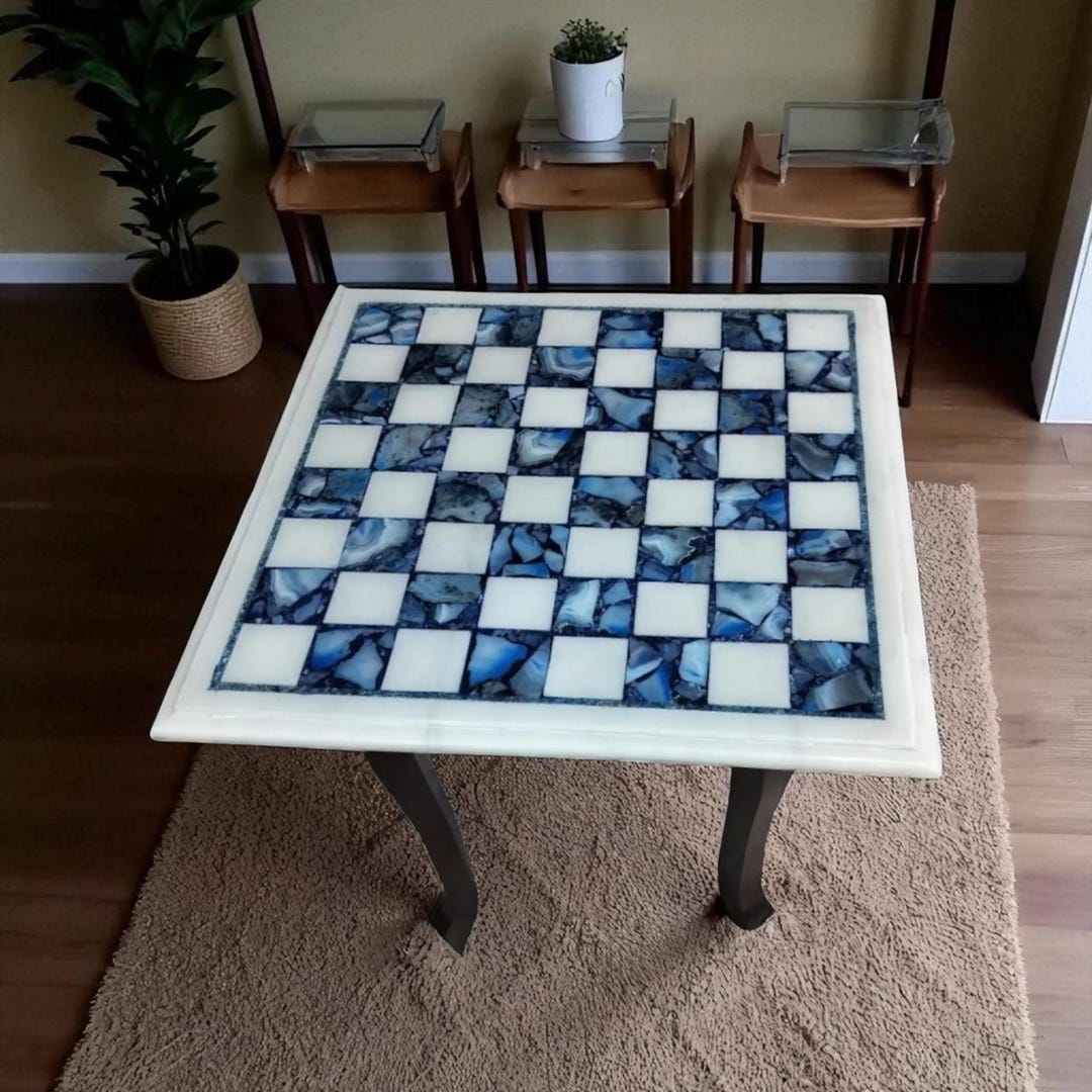 Agate Chess Board Coffee Table: Handmade Blue & White Gemstone Inlay - Etsy