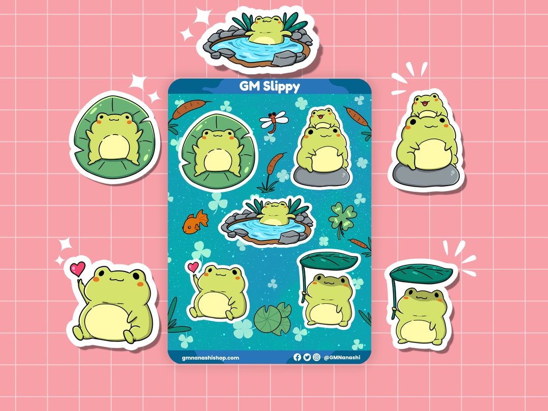 Green Cute Frogs Sticker Sheet, Rain Frog Relaxing and Bathing, Kawaii ...
