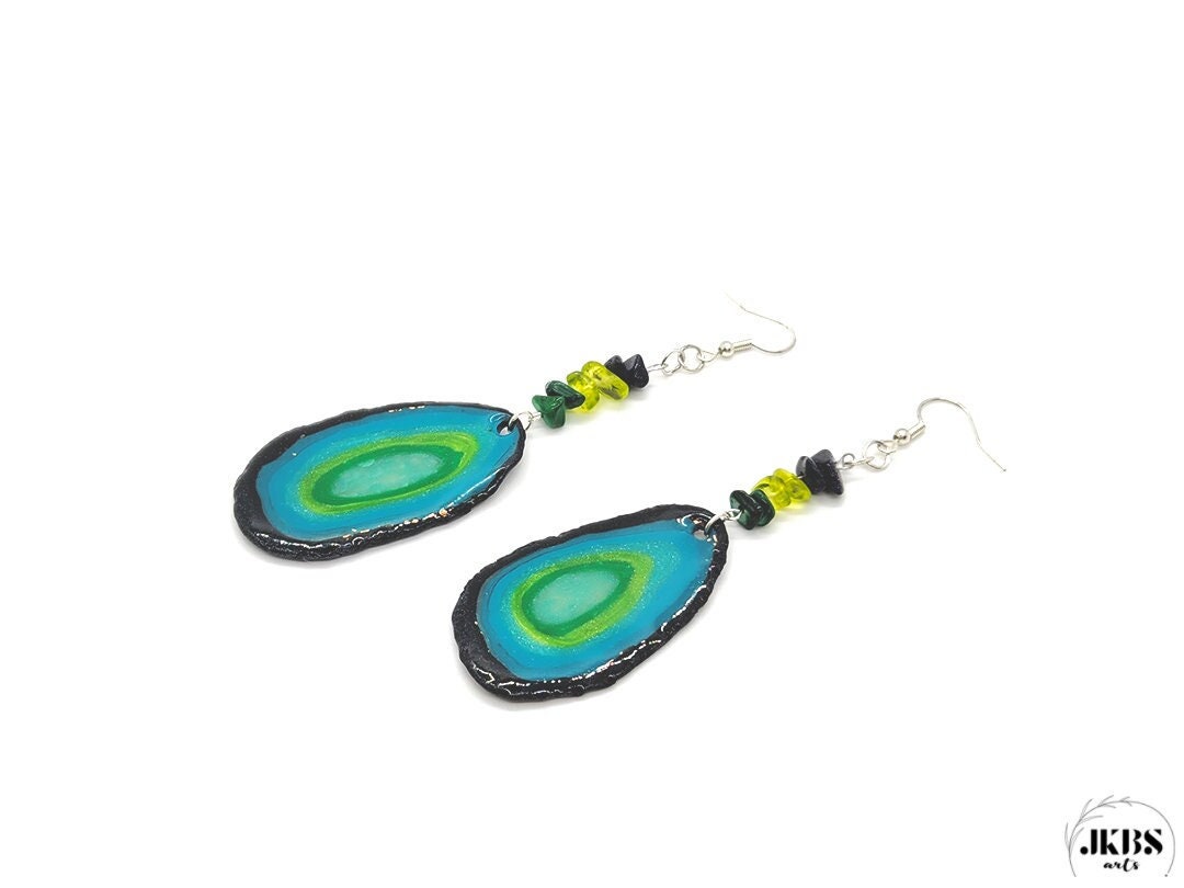 Polymer Clay and Resin Geode Slab Earrings With Copper Leaf, and Blue ...