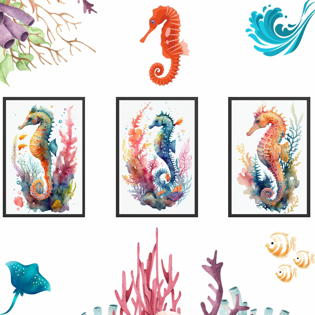 Seahorse Printable Wall Art Set of 3 Sea Creatures for Nursery - Etsy
