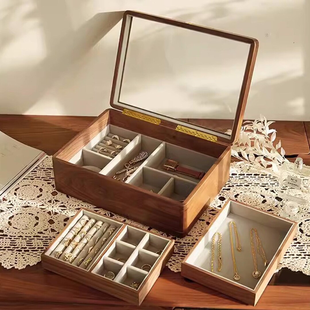 Glass Top Solid Walnut Wood Watch Box Unique Jewelry Box Functional ...