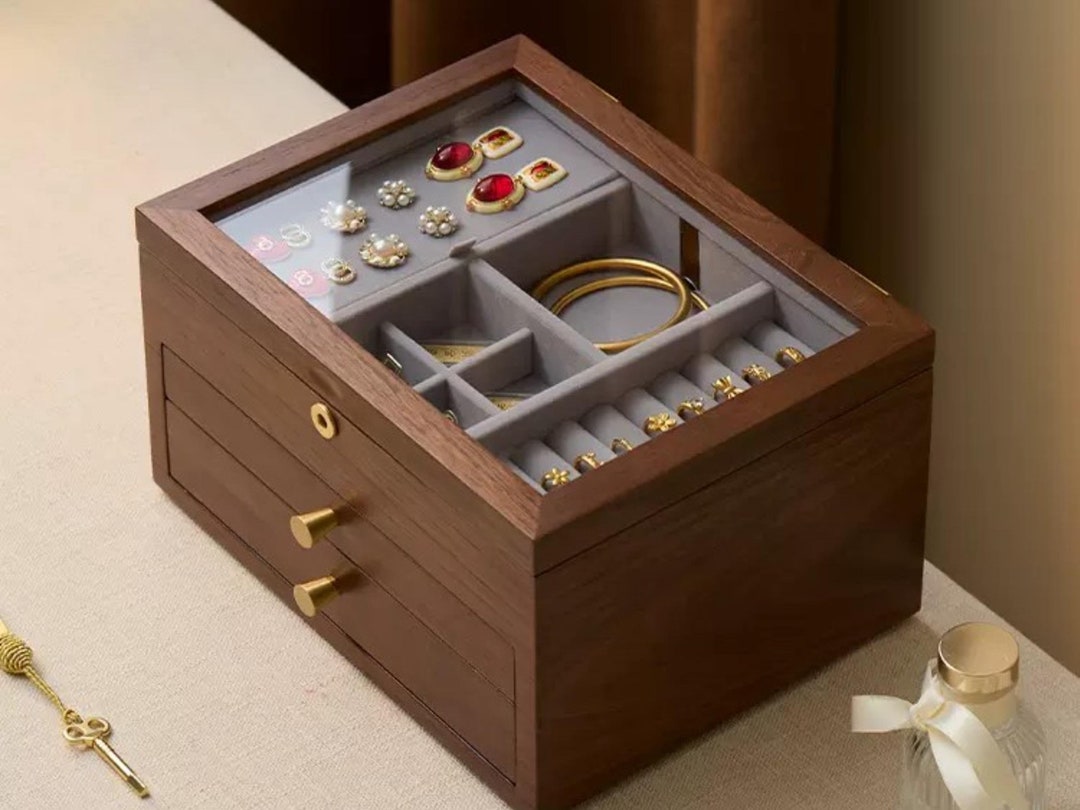 Multiple Types of Glass Lid Large Jewelry Box Lockable With Drawer ...