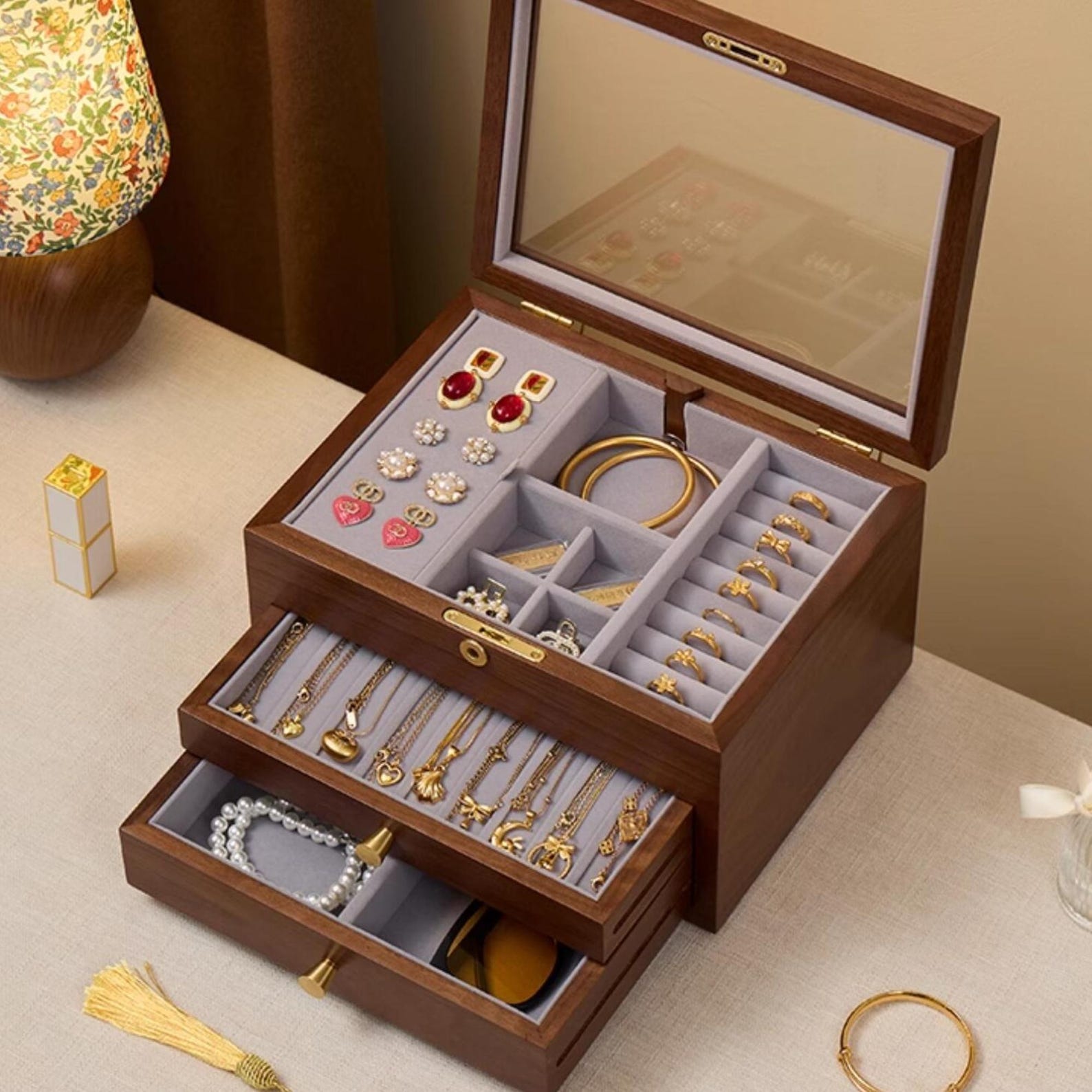 Multiple Types of Glass Lid Large Jewelry Box Lockable With Drawer ...