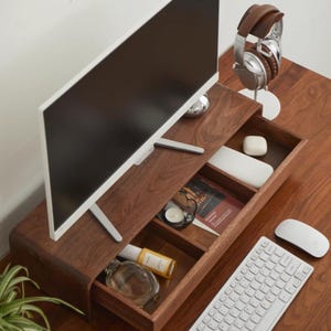 Solid Walnut Desk Shelf Monitor Stand With Storage Drawer, Desktop ...