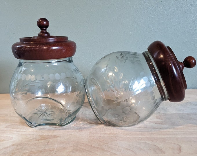 2 Vintage Glass Screw Top Lid Candy Jar Matching Cookie Flower Etched ...