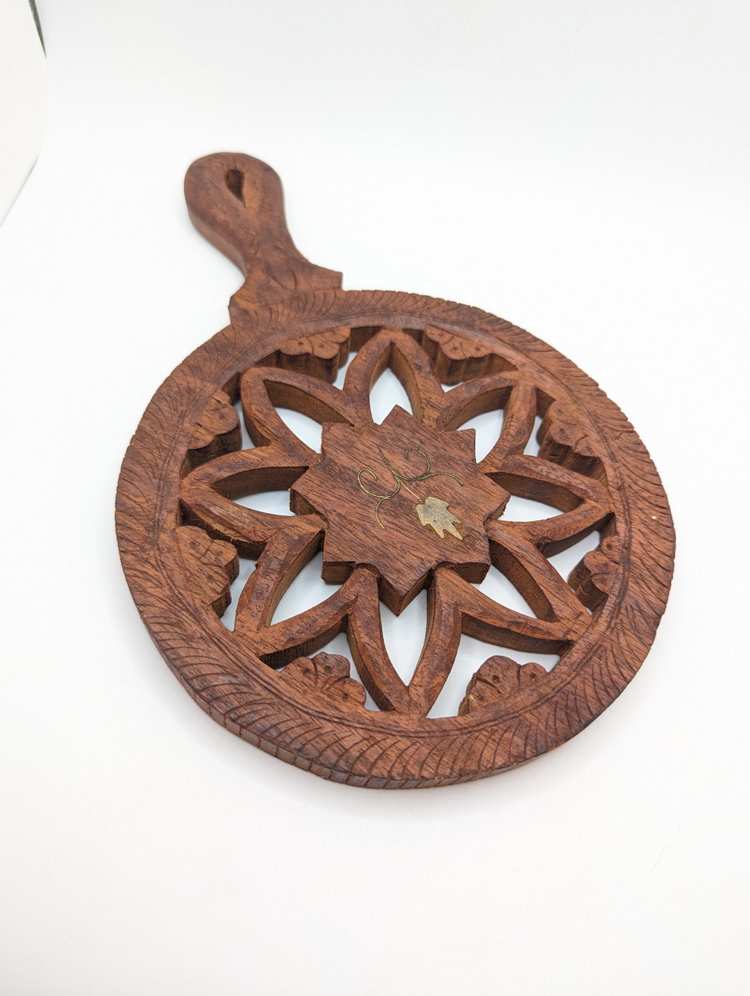Vintage Carved Wooden Trivet Brass Gold Inlay Openwork Boho Bohemian ...