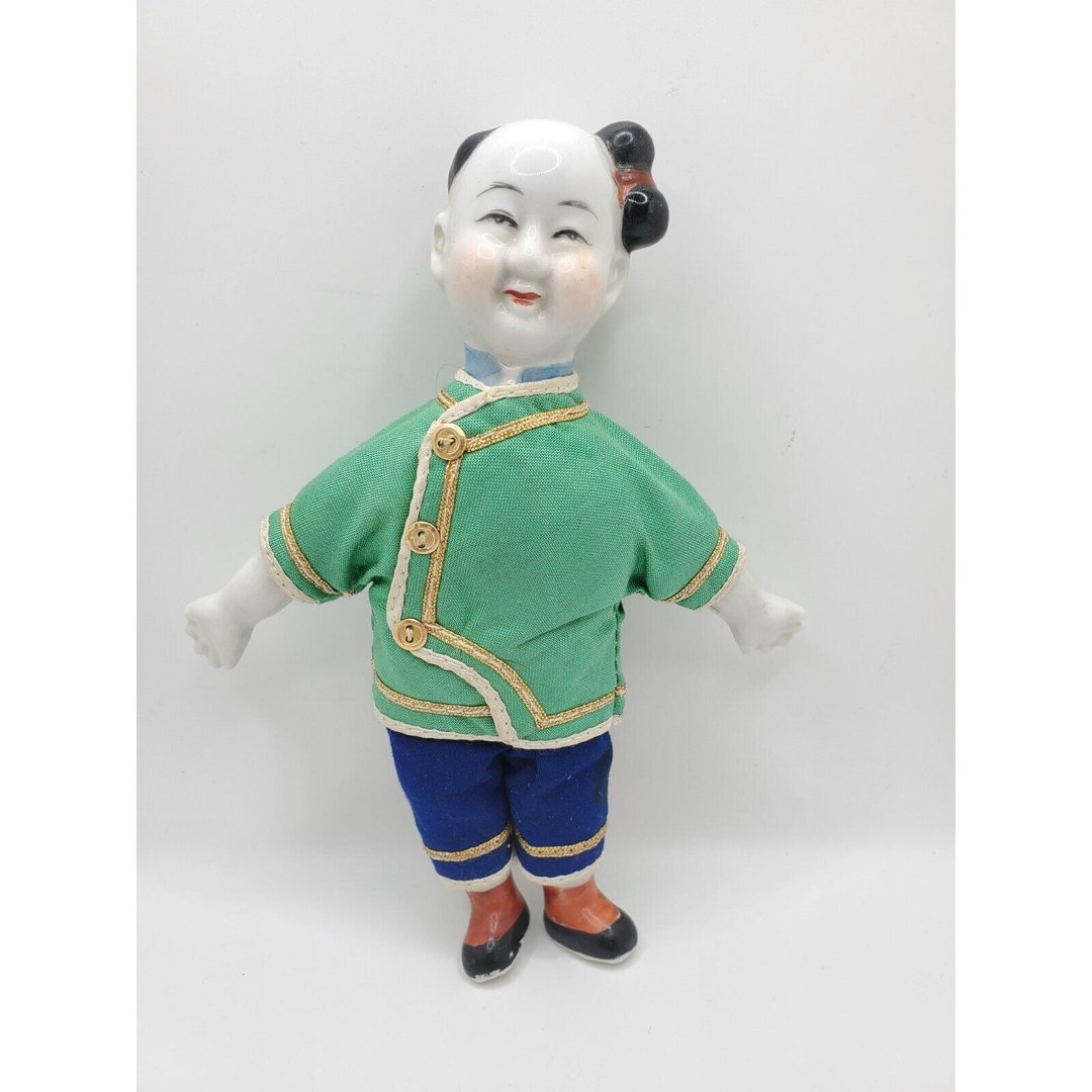 Exquisite Vintage Porcelain Asian Doll Man Green Clothes Happy Great ...