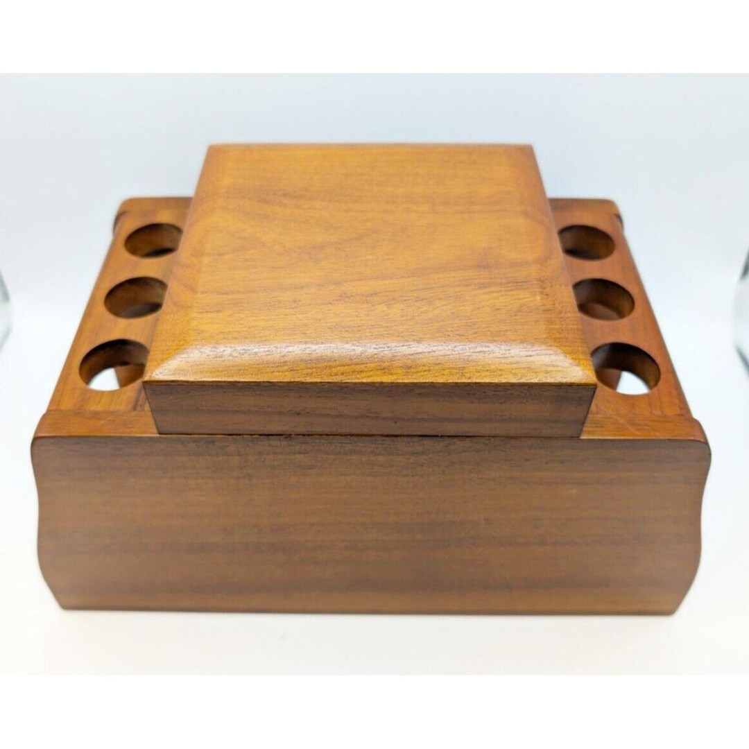 Vintage Wooden 6 Pipe Stand Holder W/ Built in Humidor Tobacco Gift for ...