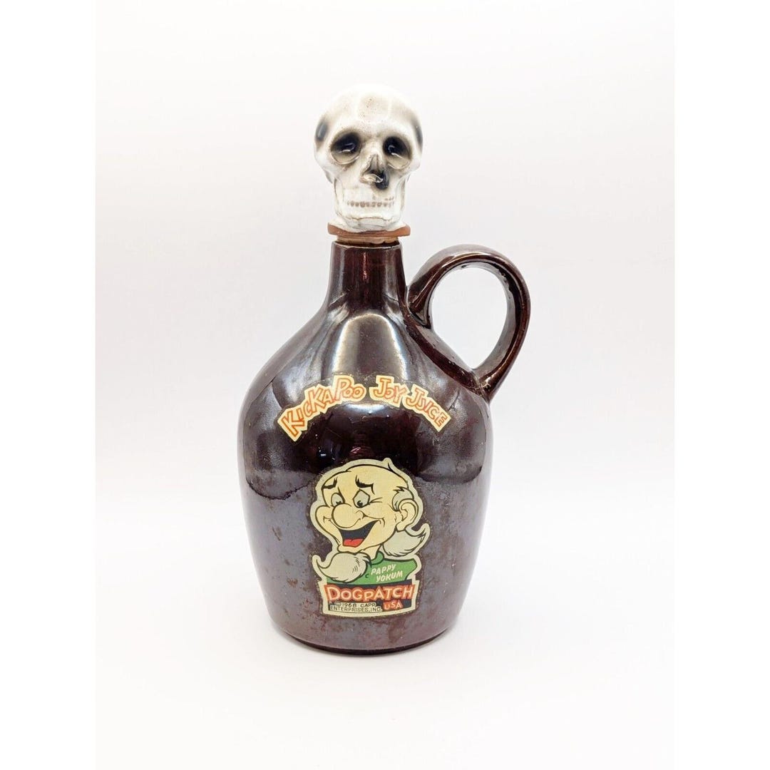 Vintage 1968 Kickapoo Joy Juice Dogpatch USA Pappy Yocum Jug Skull Capp ...