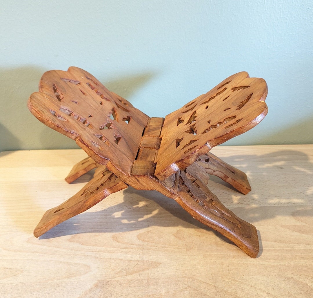 Vintage Bible Book Wood Carved Stand Folding Rack Recipe Kitchen Holder ...