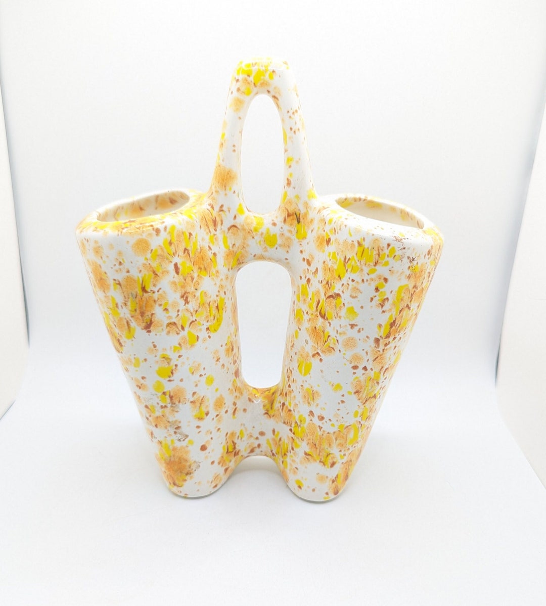 Vintage MCM Splatter Double Vase Ceramic Speckled Yellow Orange ...
