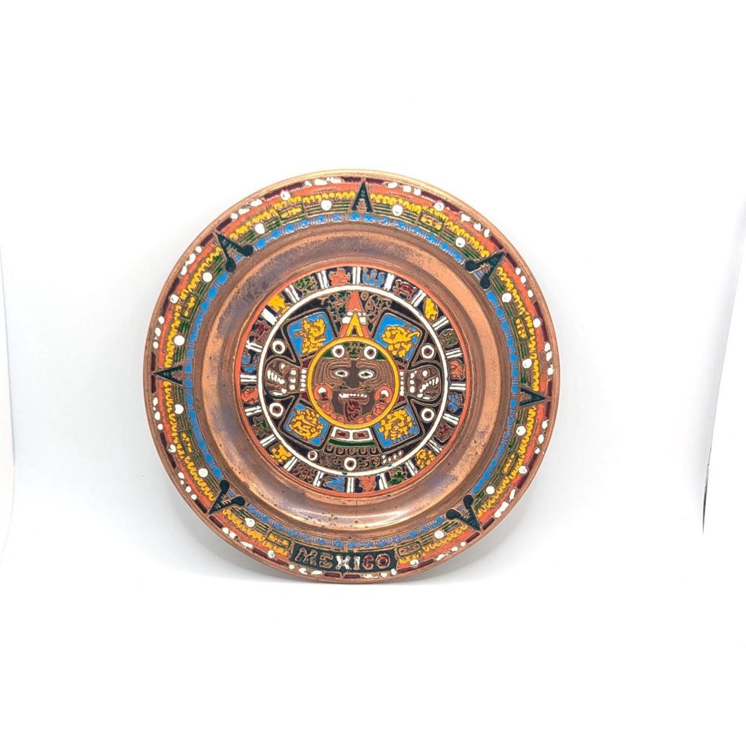 Vintage Copper Mexican Mayan Calendar Wall Hanging Art Colorful Aztec ...