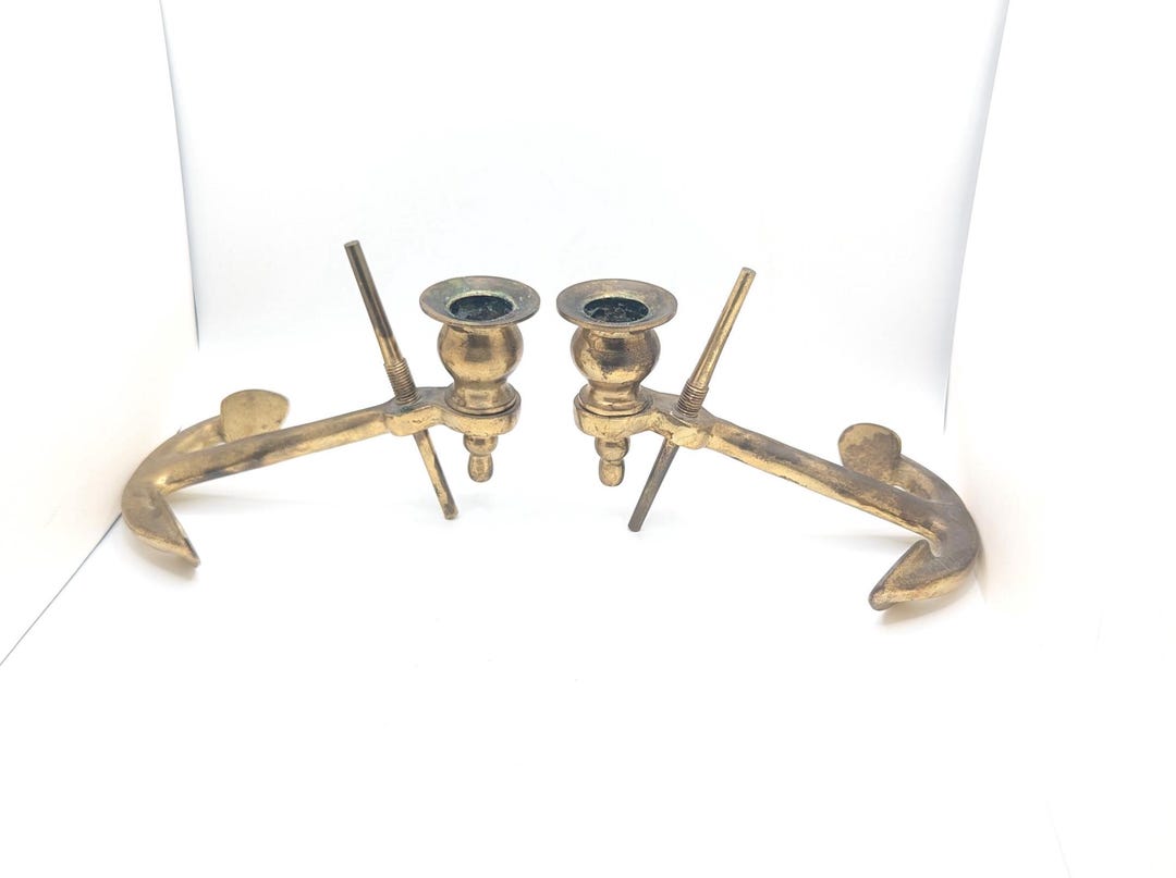 Rare Matching Set 2 Vintage Solid Brass Nautical Anchor Candlestick ...