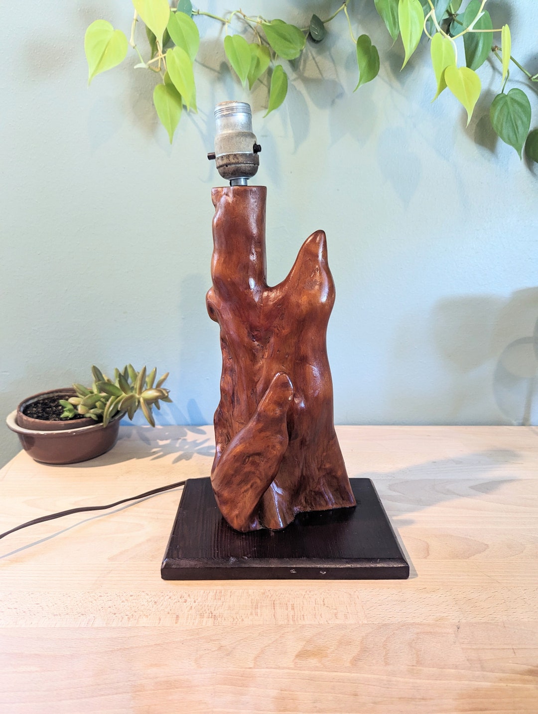 Vintage Cypress Wood Folk Art Table Lamp Organic Rustic Cottagecore MCM ...