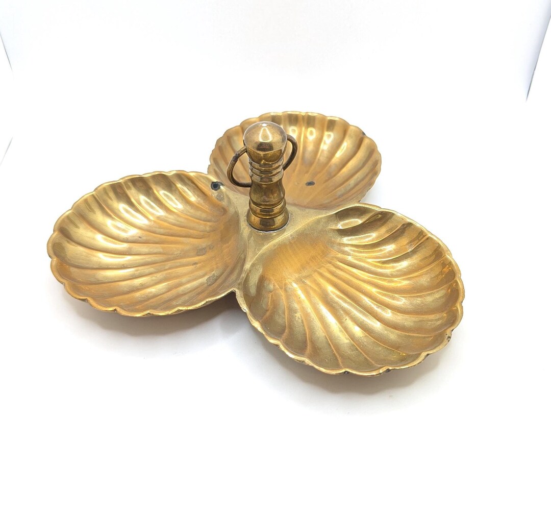 Rare Vintage Clamshell Brass Gold Trinket Dish Candy 3 Compartments ...