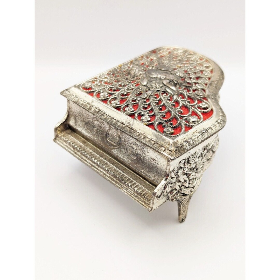 Vintage Silver Tone Metal Grand Piano Trinket Music Box Working Red ...