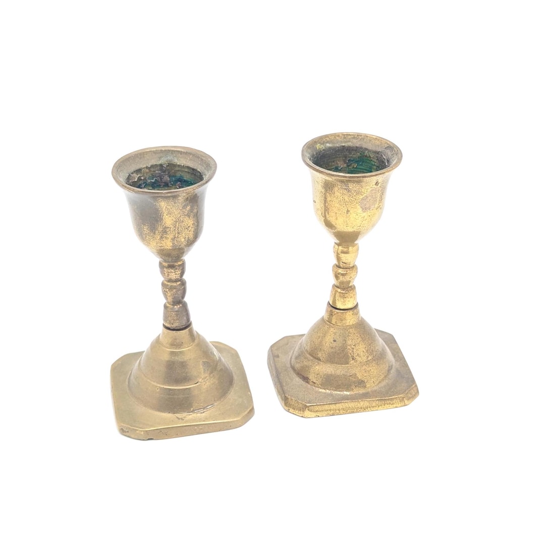 Vintage Set Two 2 Matching Brass Candlestick Holder Small Candle Stick ...