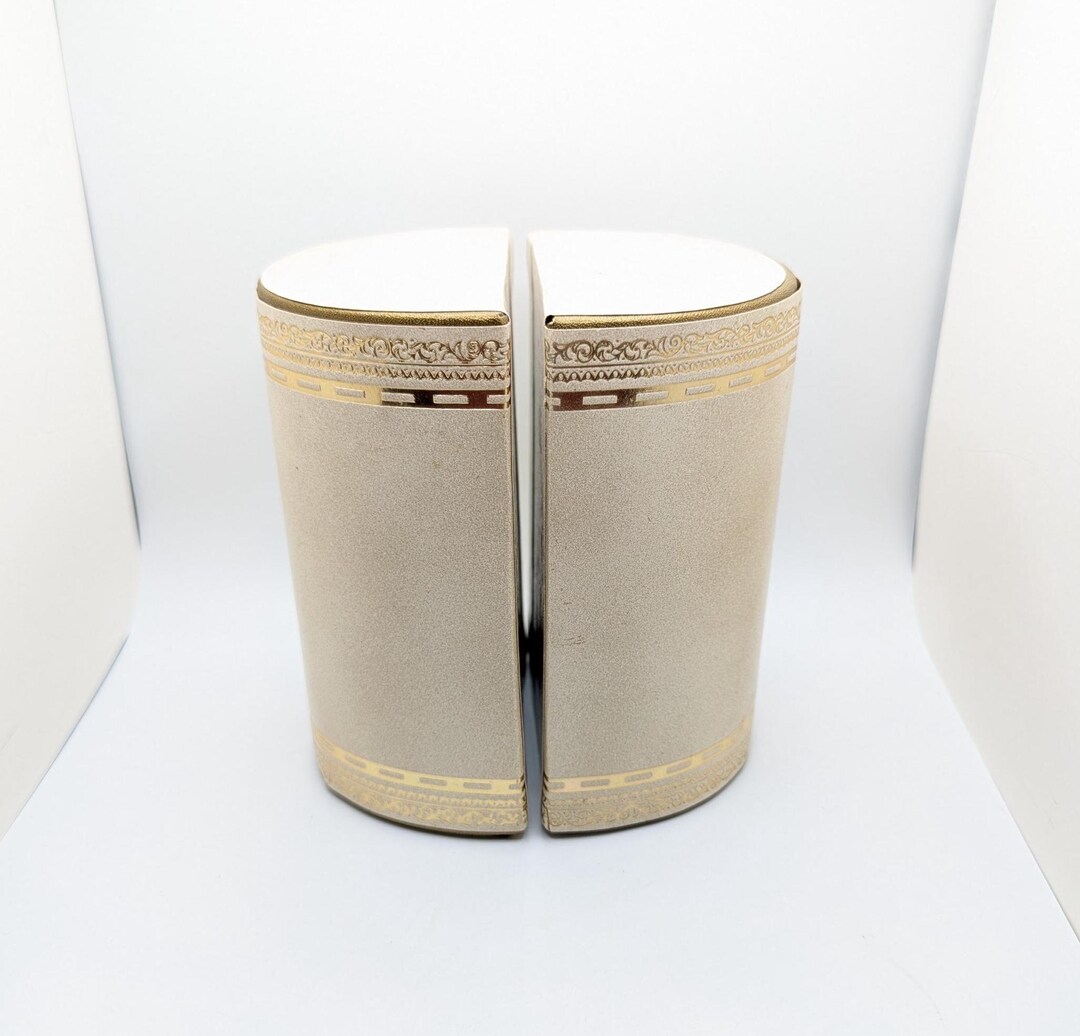 Vintage Faux Leather Bookends Cream Gold Ornate Modernist Matching Pair ...