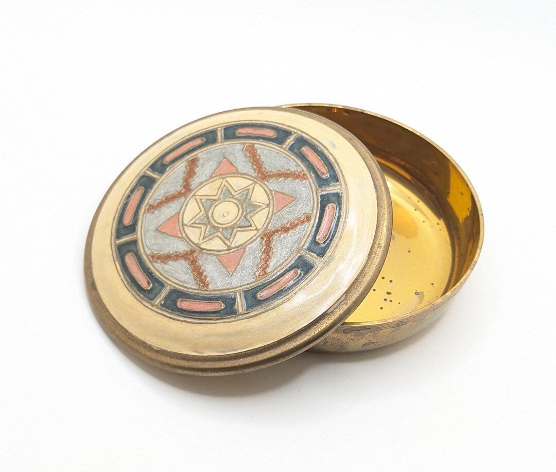 Vintage Brass Enamel Compass Trinket Box Jewelry Vanity Colorful Boho ...