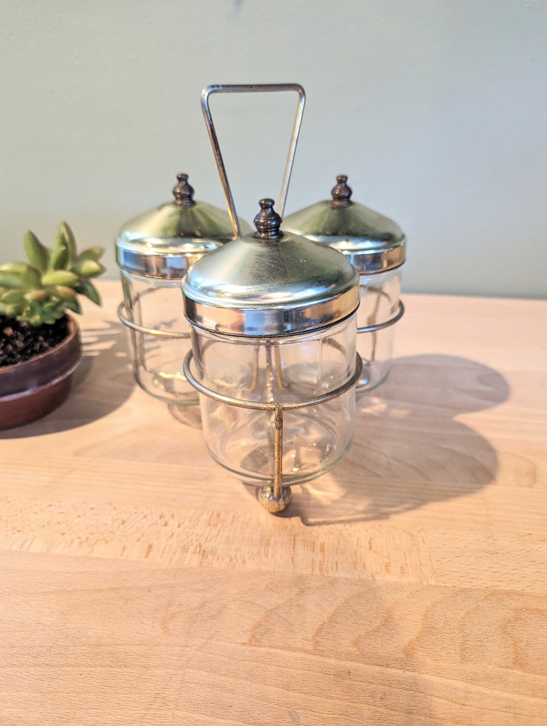 Vintage Condiment Snack Caddy Server Jars Jar Brass Gold 1960s MCM ...