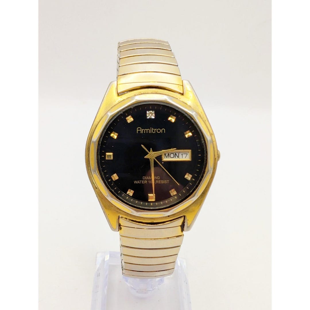 Vintage Armitron Diamond Mens Watch WR 20/1658-9 Keeps Time/day/date ...