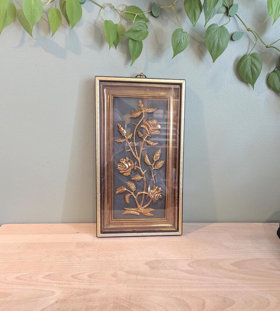 Vintage 1960s Hollywood Regency Gold Shadow Box Picture Rose Flower MCM ...