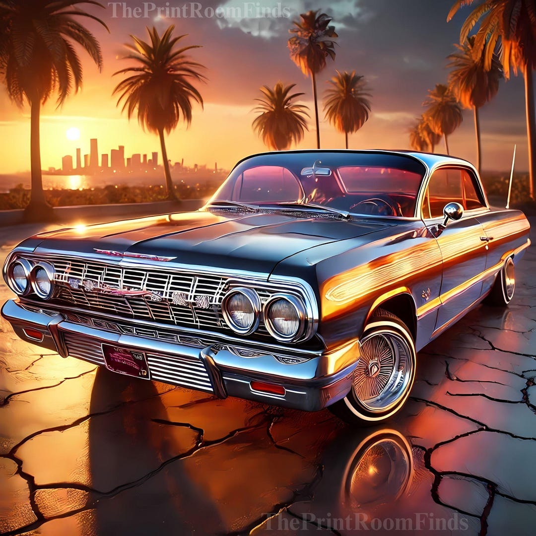 1964 Chevy Impala Lowrider Art Print | Chicano Sunset Car Wall Art ...
