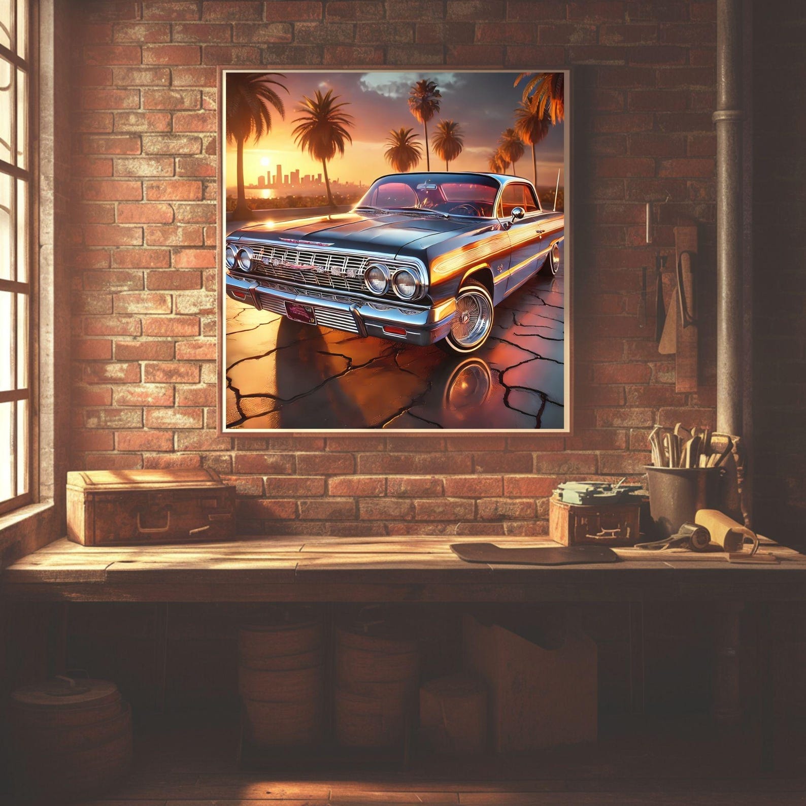 1964 Chevy Impala Lowrider Art Print | Chicano Sunset Car Wall Art ...