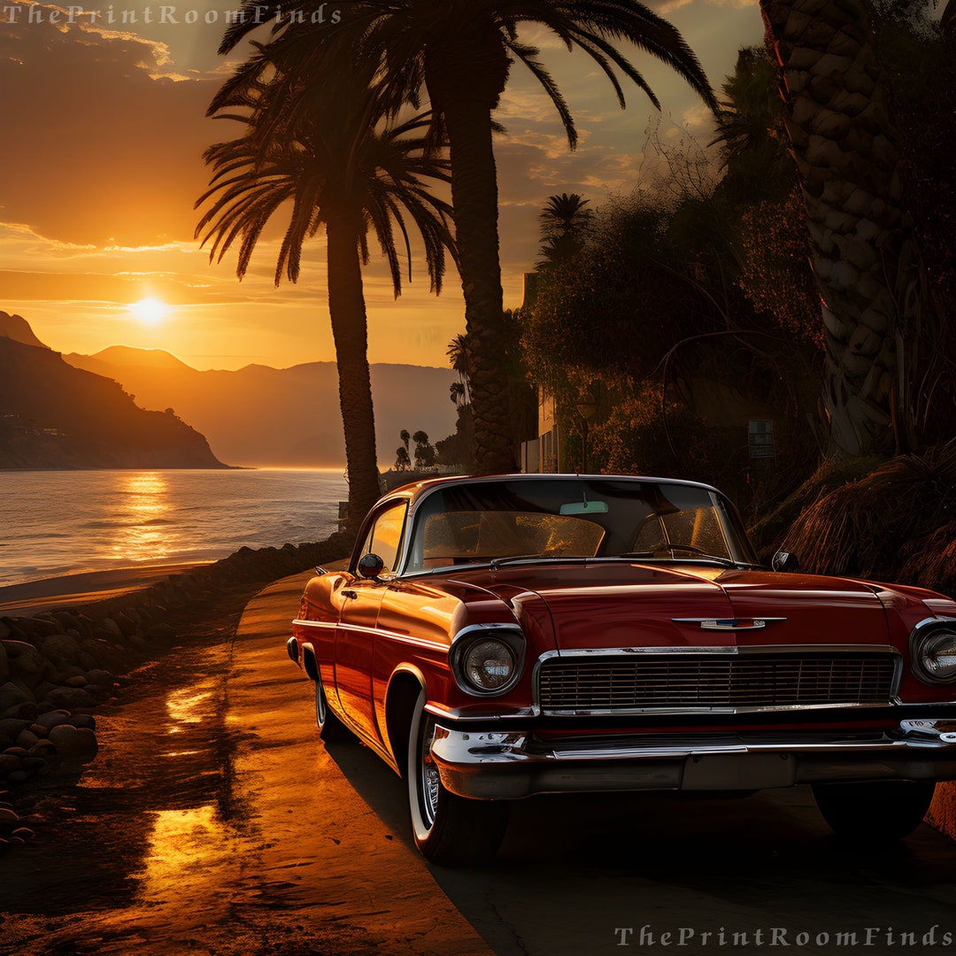 Vibrant Digital Wallpaper: Lowrider Car at Sunset on the Beach ...