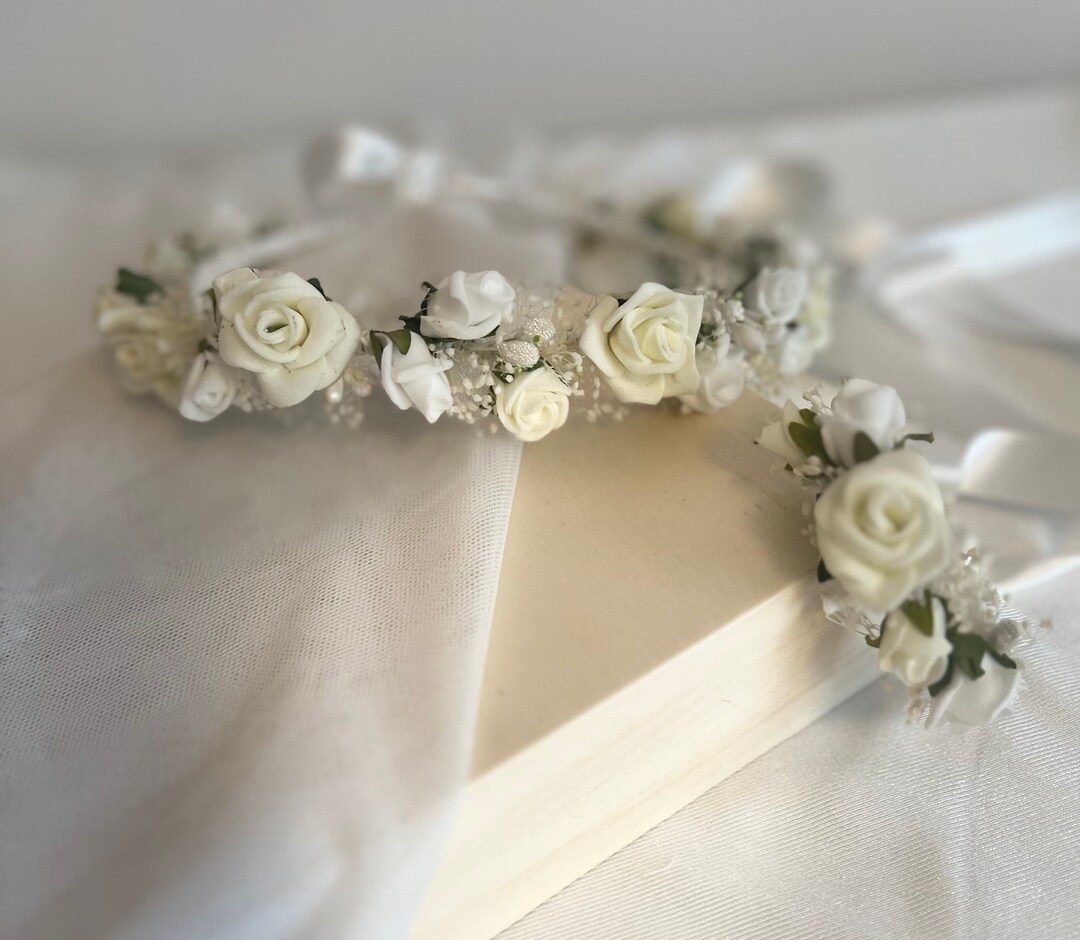 First Holy Communion Flower Crown and Bracelet Set, White Rose &baby's ...