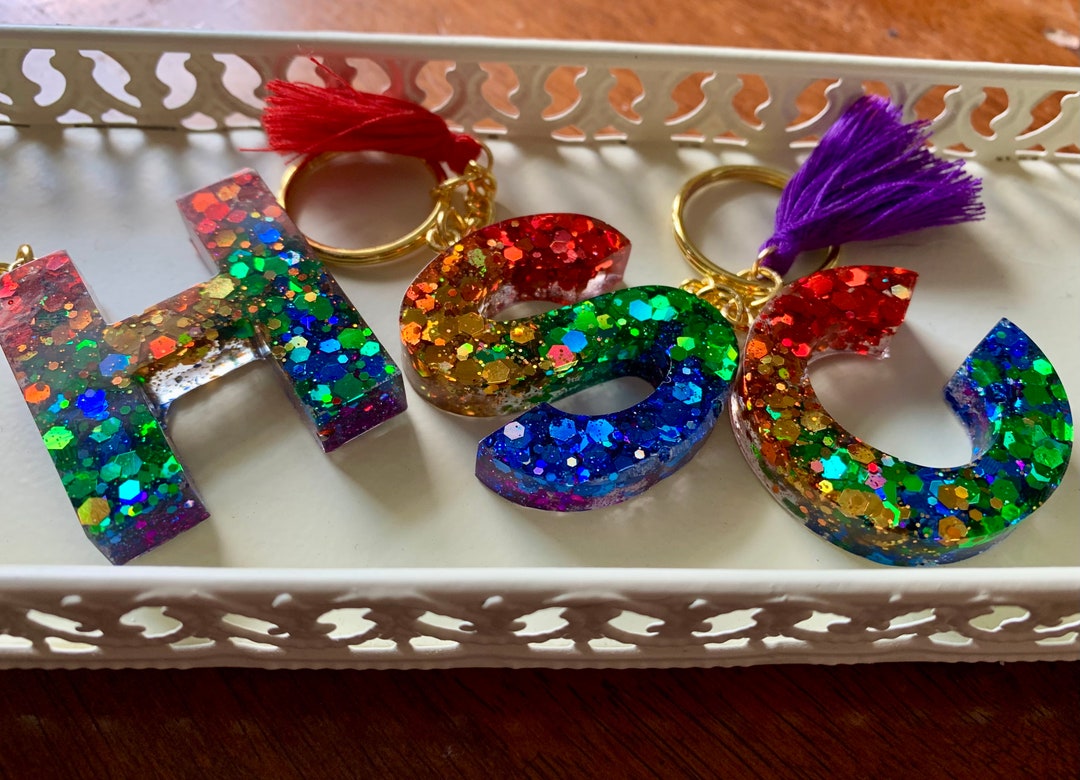 Personalized Rainbow Glitter Letter Keychain - Etsy