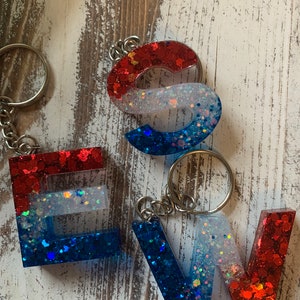 Personalized Red, White & Blue Glitter Letter Keychain - Etsy