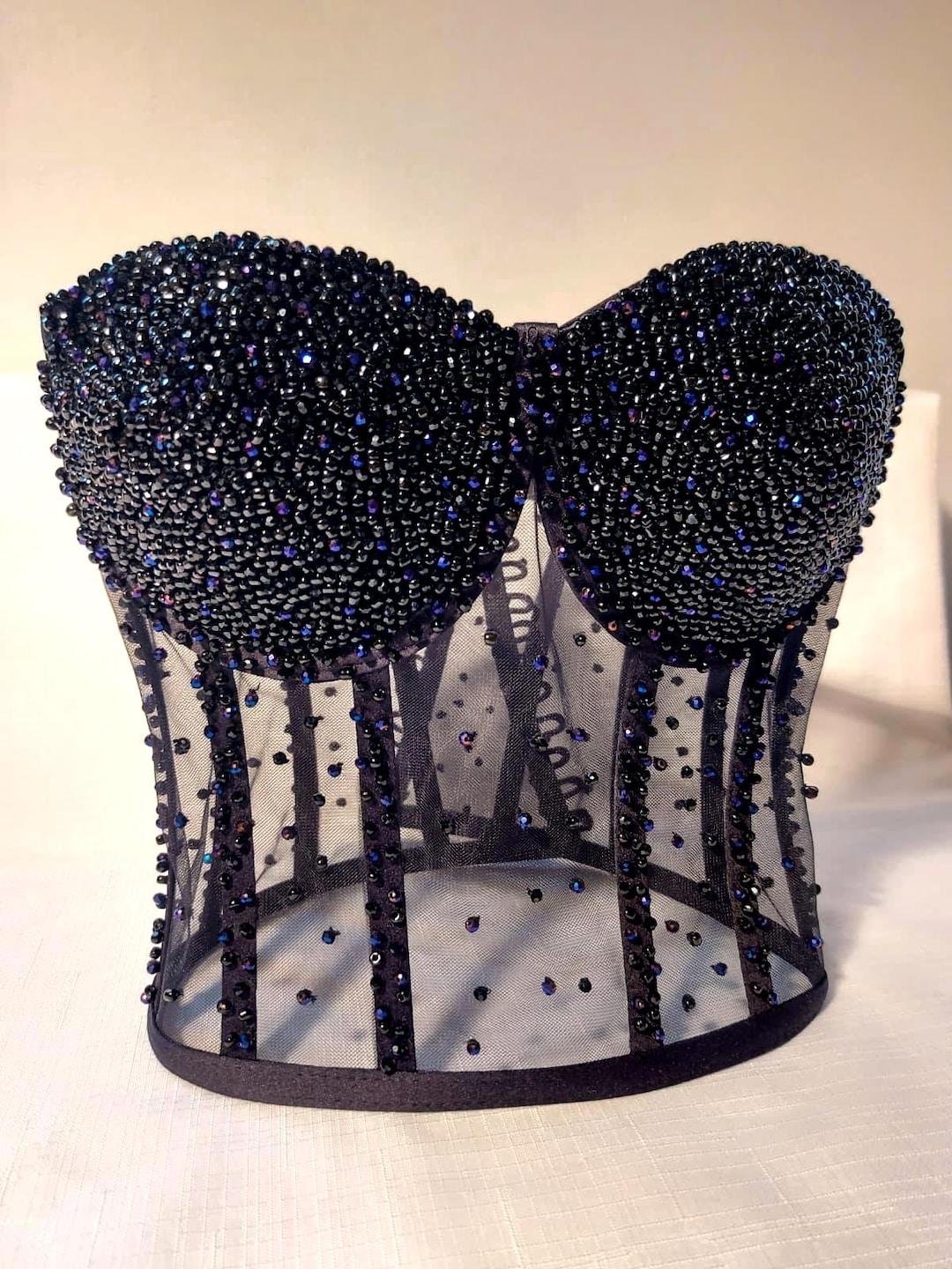 Black Corset, Bustier, Handmade Black Beaded Corset, Crystal ...