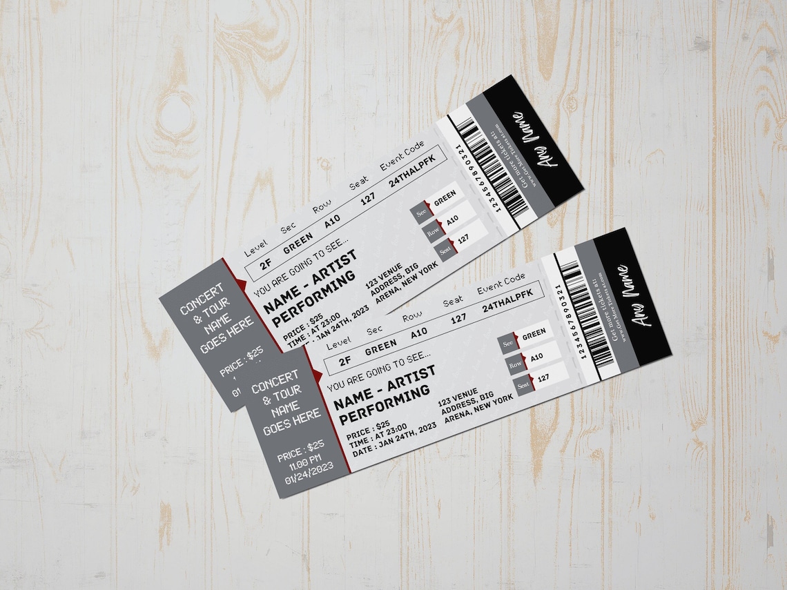 Gray Concert Ticket Template Perfect for Birthday Gift, Souvenir ...