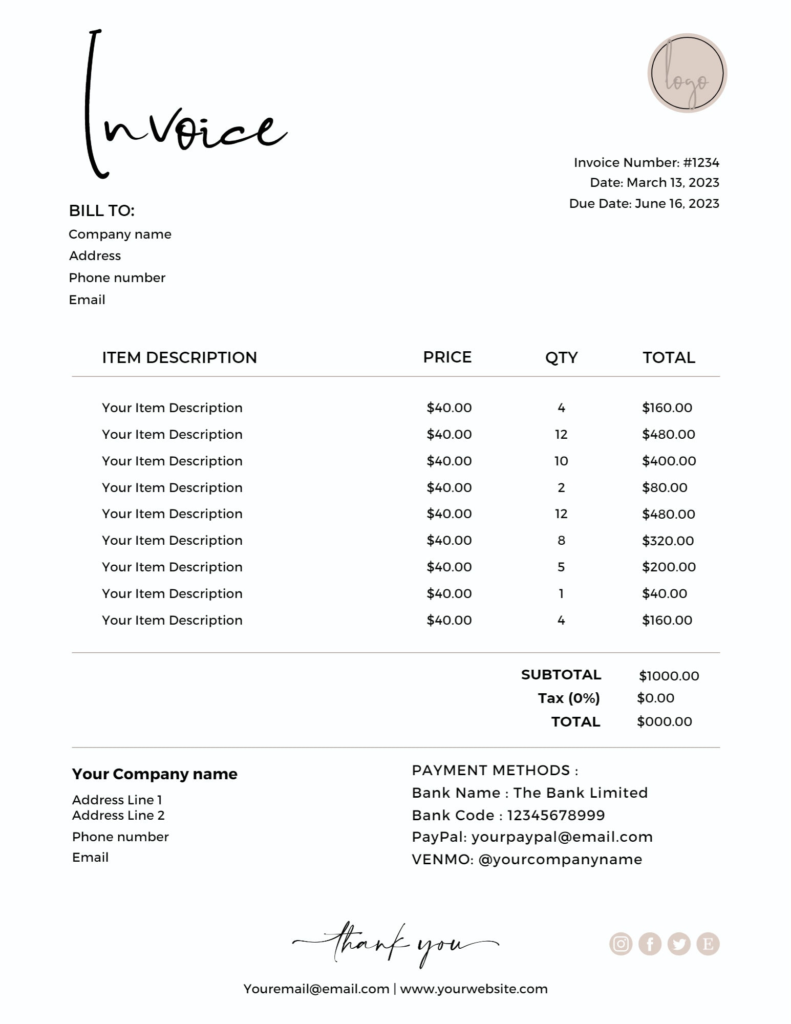 Modern Invoice Template, Editable Invoice for Small Business, Printable ...