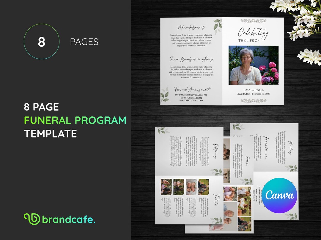 Editable 8 Page Funeral Program Template in Canva Printable Bi-fold ...
