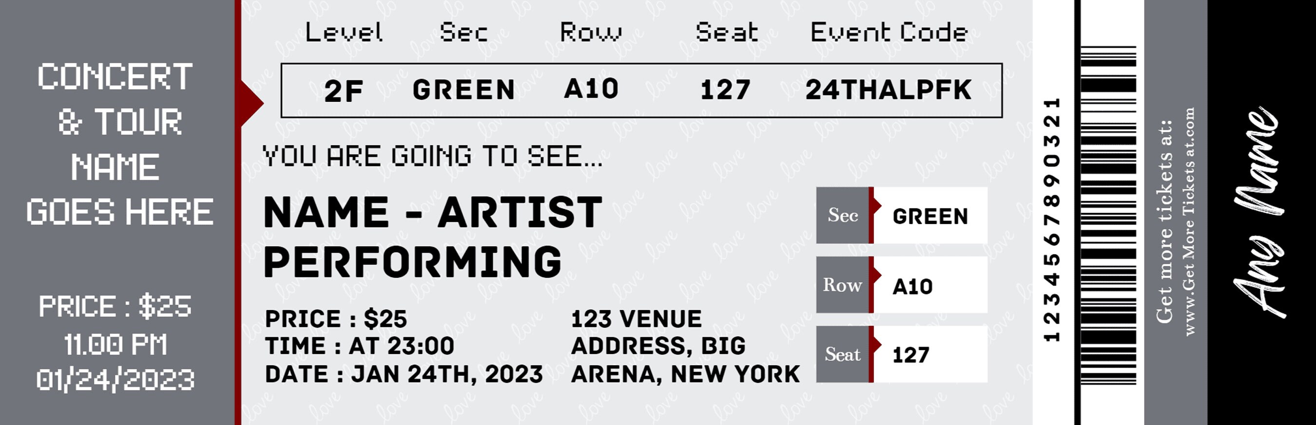Gray Concert Ticket Template Perfect for Birthday Gift, Souvenir ...