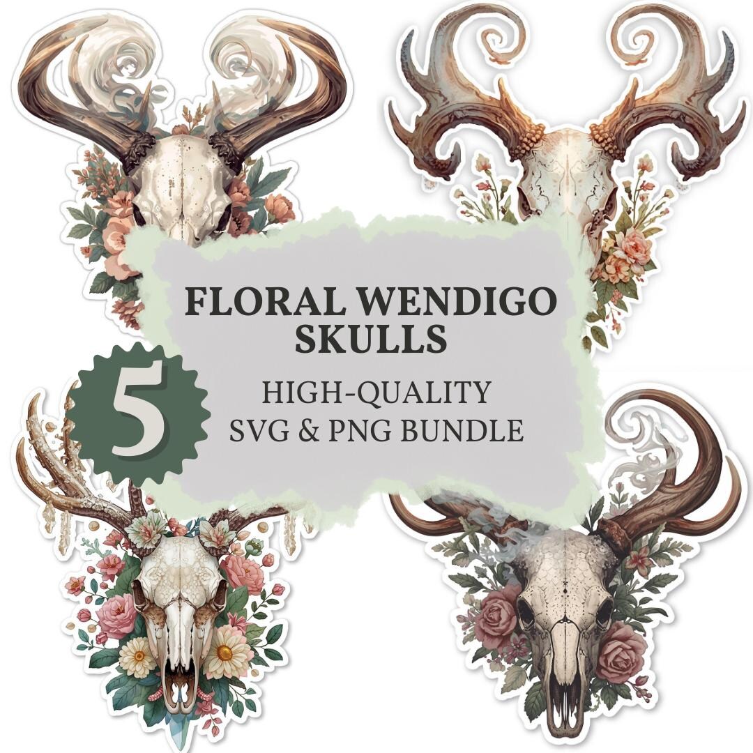 Floral Wendigo Skull PNG + SVG Bundle, Elegant Dark Fantasy Clipart ...