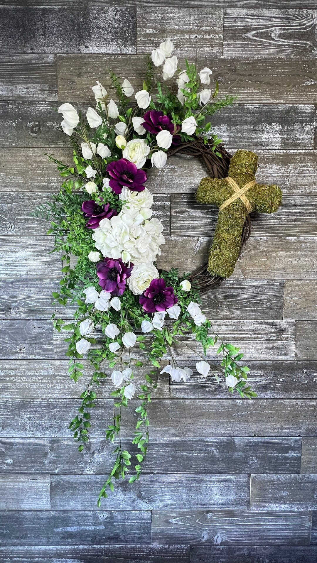 Spring Cross Wreath for Easter Decor on Front Door, Outdoor Easter Decor, Elegant Purple, Green ...