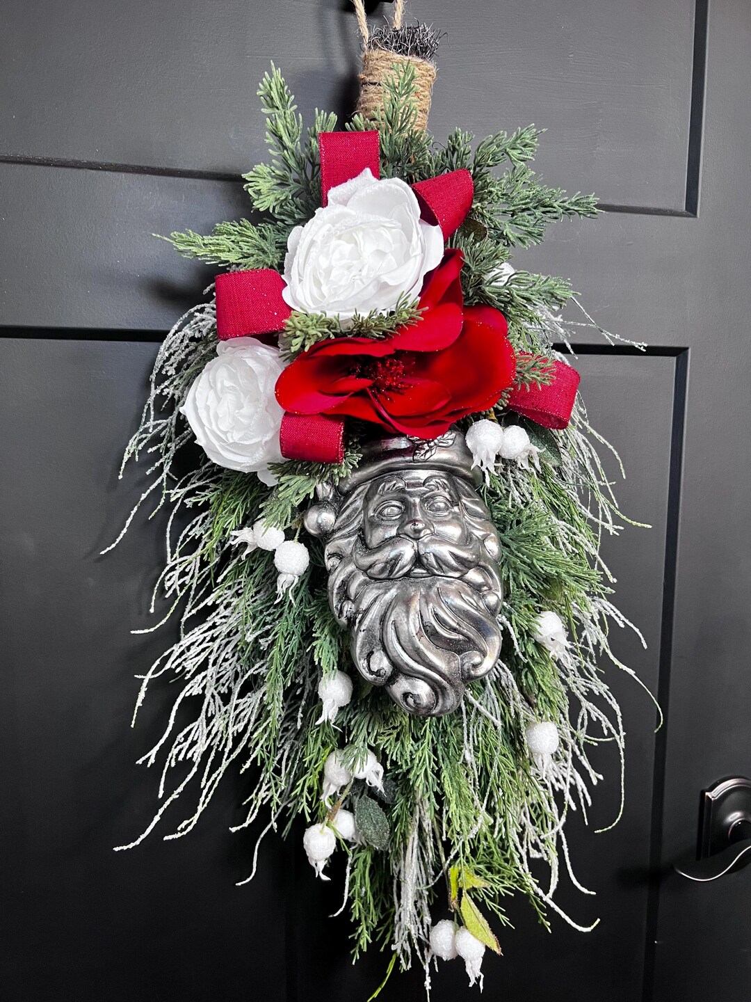 Mixed Evergreen Christmas Swag With Muted Silver Santa, Teardrop Swag ...
