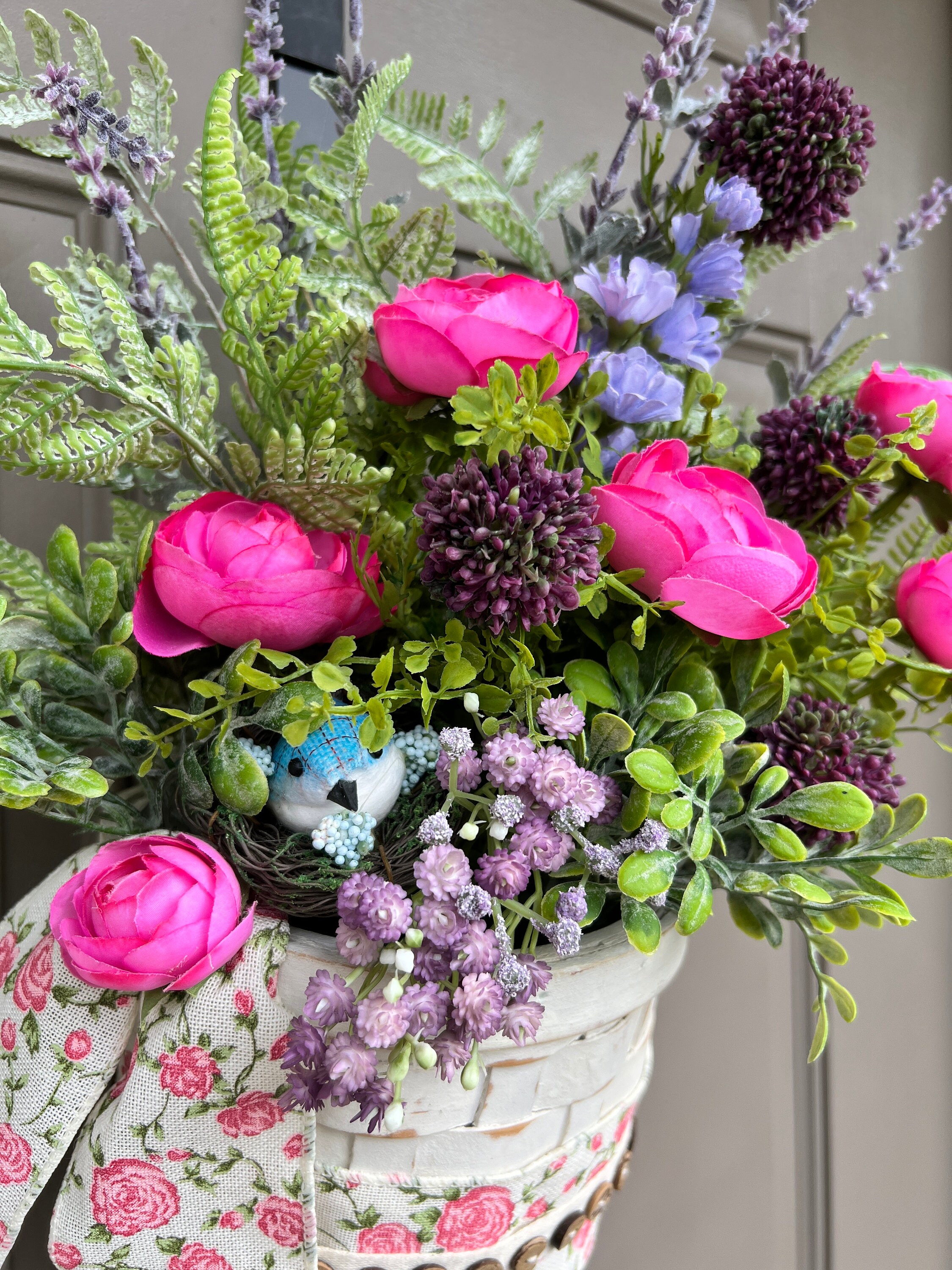 Floral Wall Decor White Floral Wall Basket With Hot Pink and Purple ...