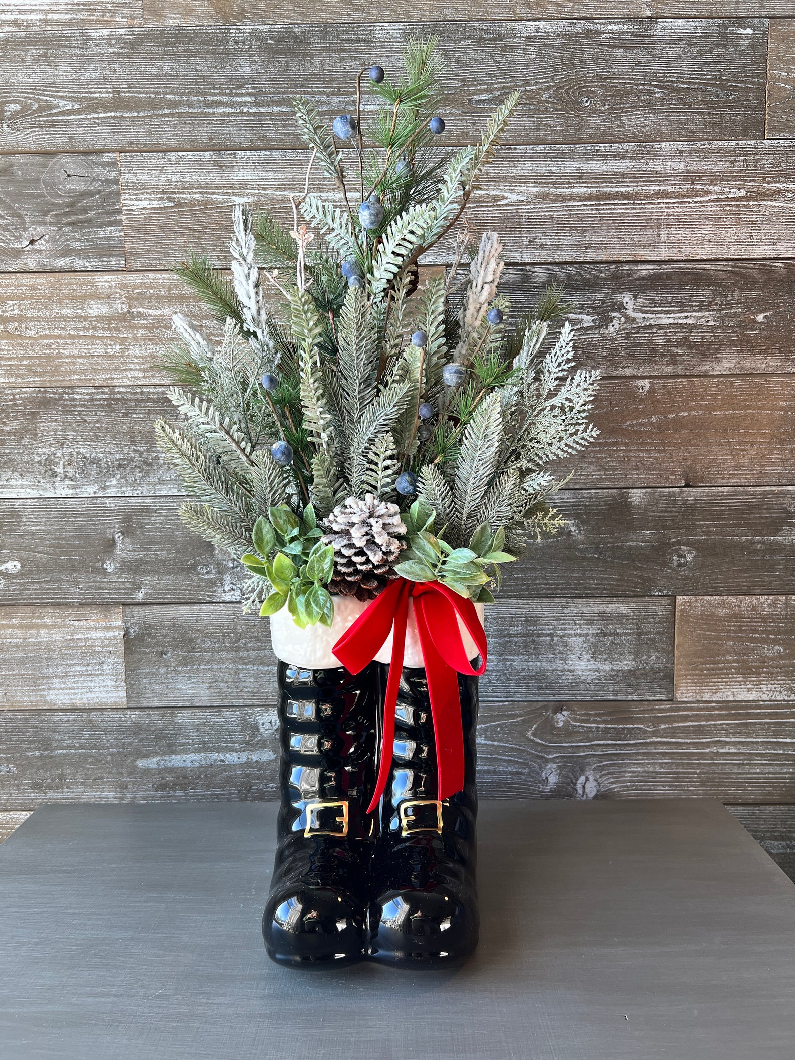 Santa Boots Arrangement for Christmas Decor, St. Nick Boots Floral ...