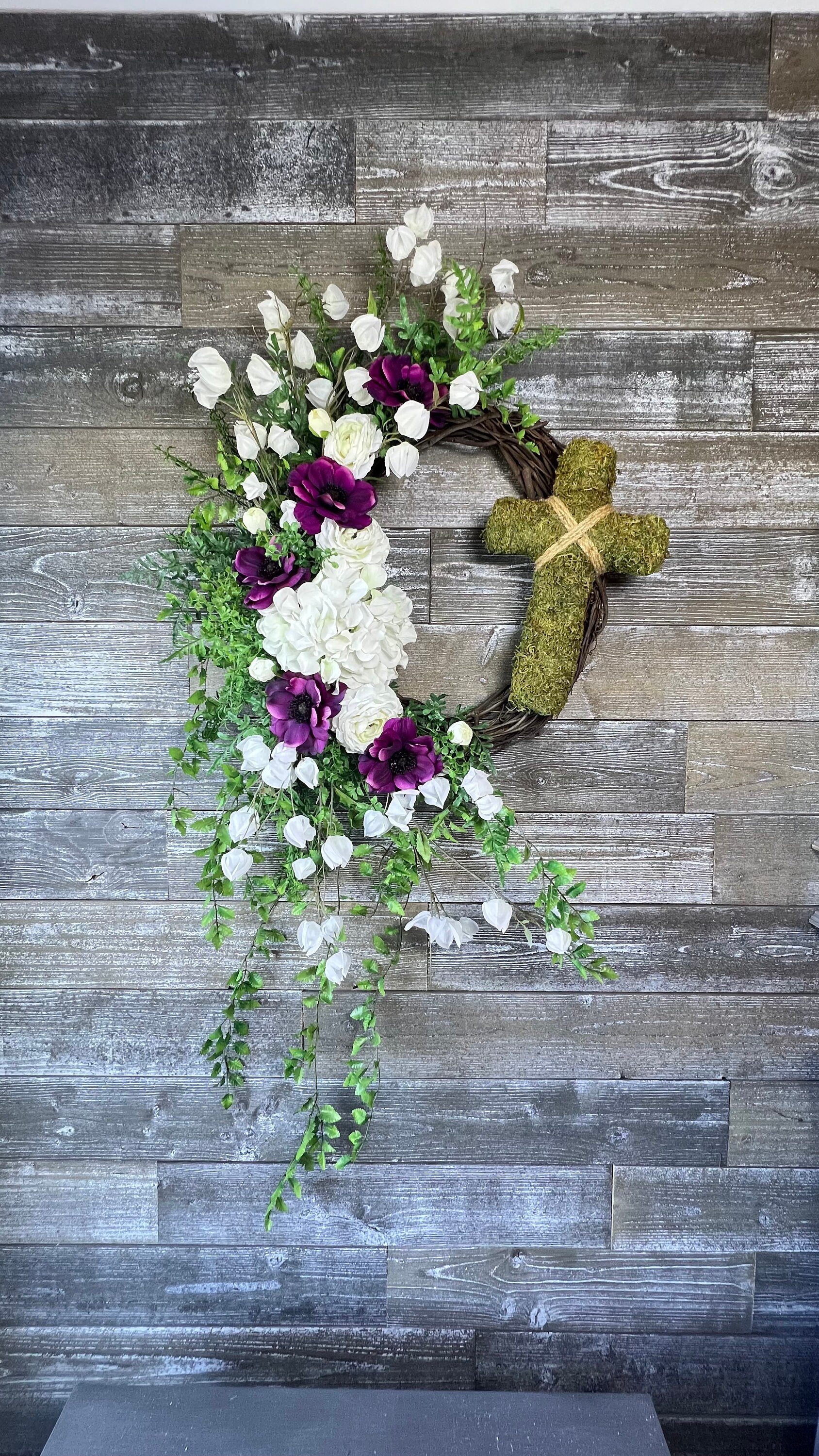 Spring Cross Wreath for Easter Decor on Front Door, Outdoor Easter Decor, Elegant Purple, Green ...