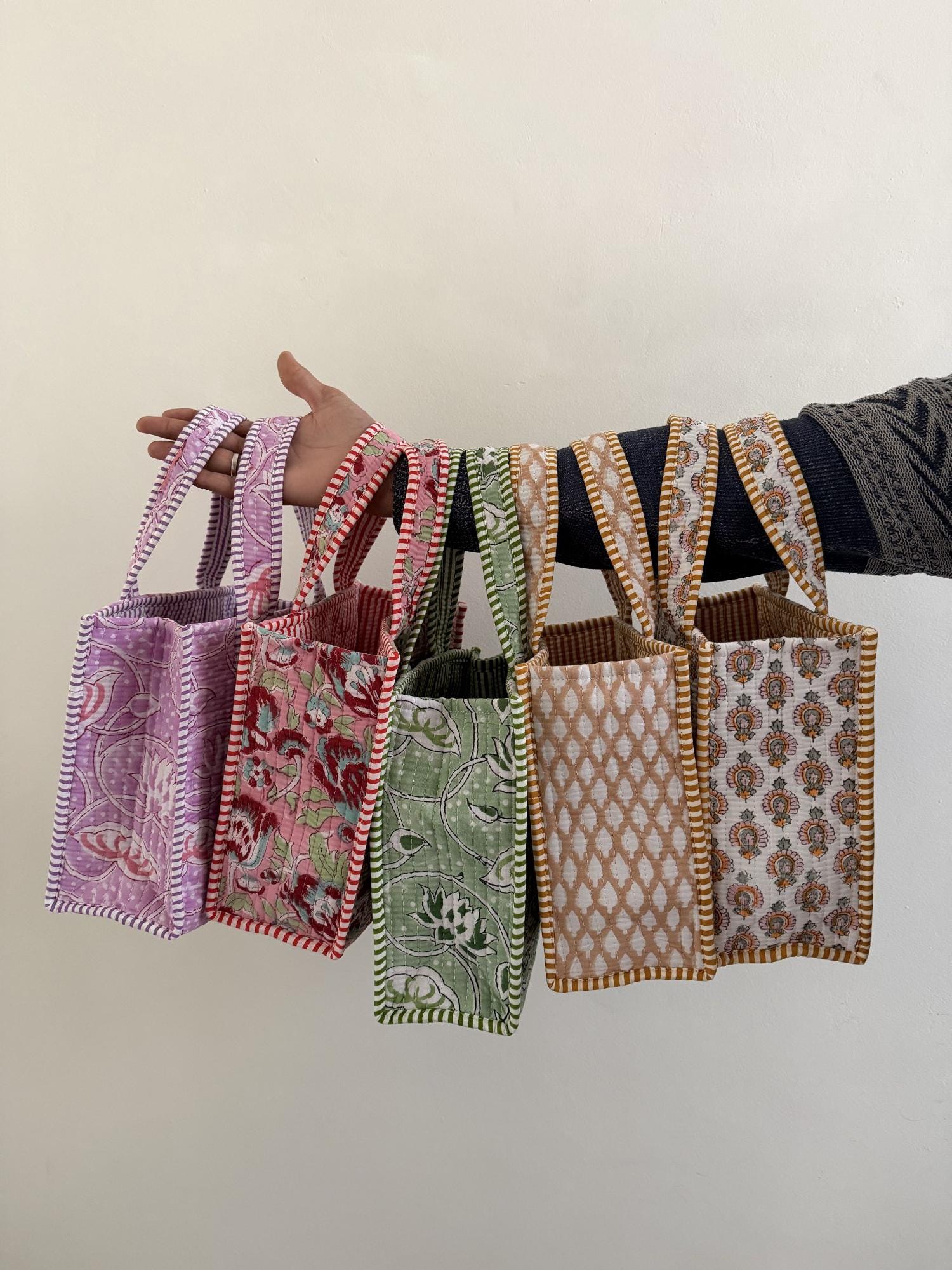 Quilted Cotton Mini Tote Bags | Block Print Lunch Tote | Small Reusable ...