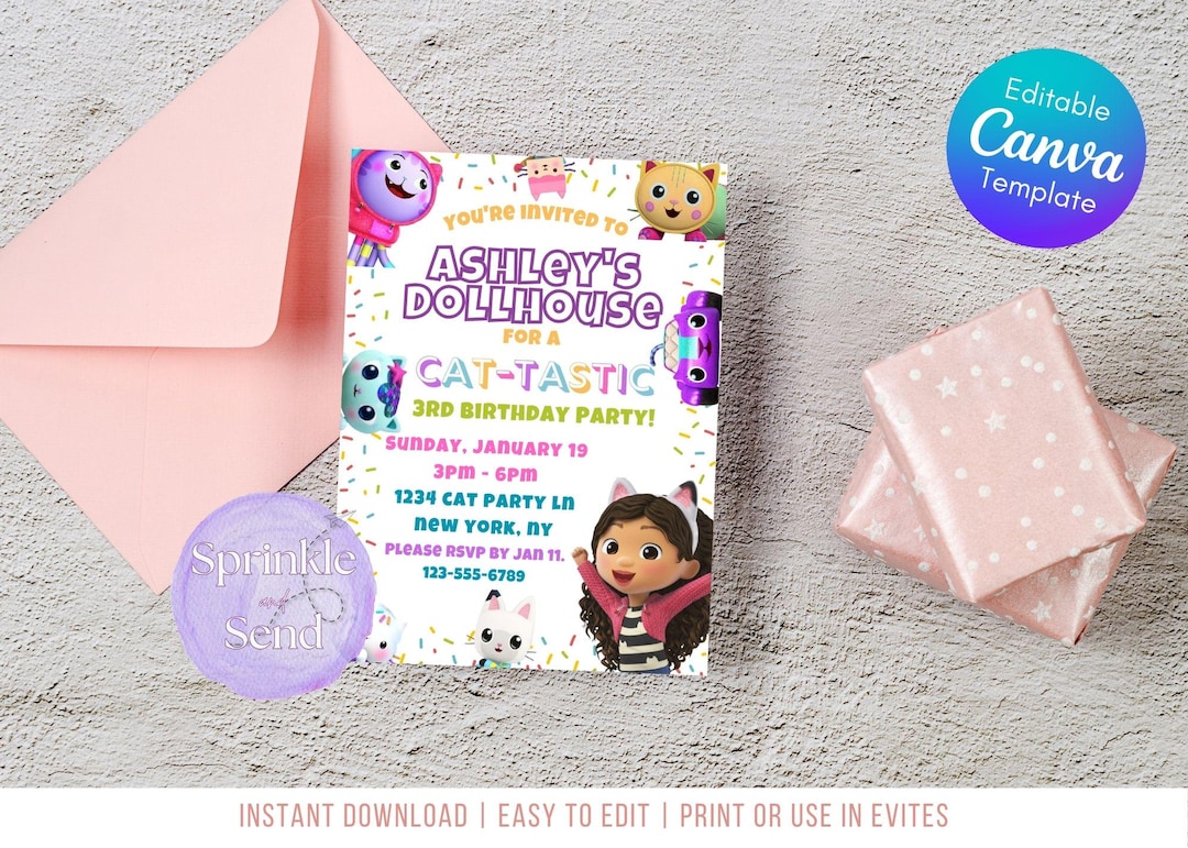 Gabby Dollhouse Birthday Invitation, Kids Birthday Party, Digital ...